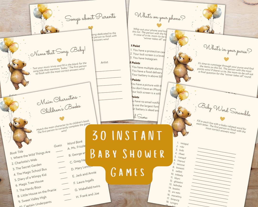 30 Teddy Bear Balloon Baby Shower Games, Party Activities Baby Sprinkle Package, Printable Mama ...