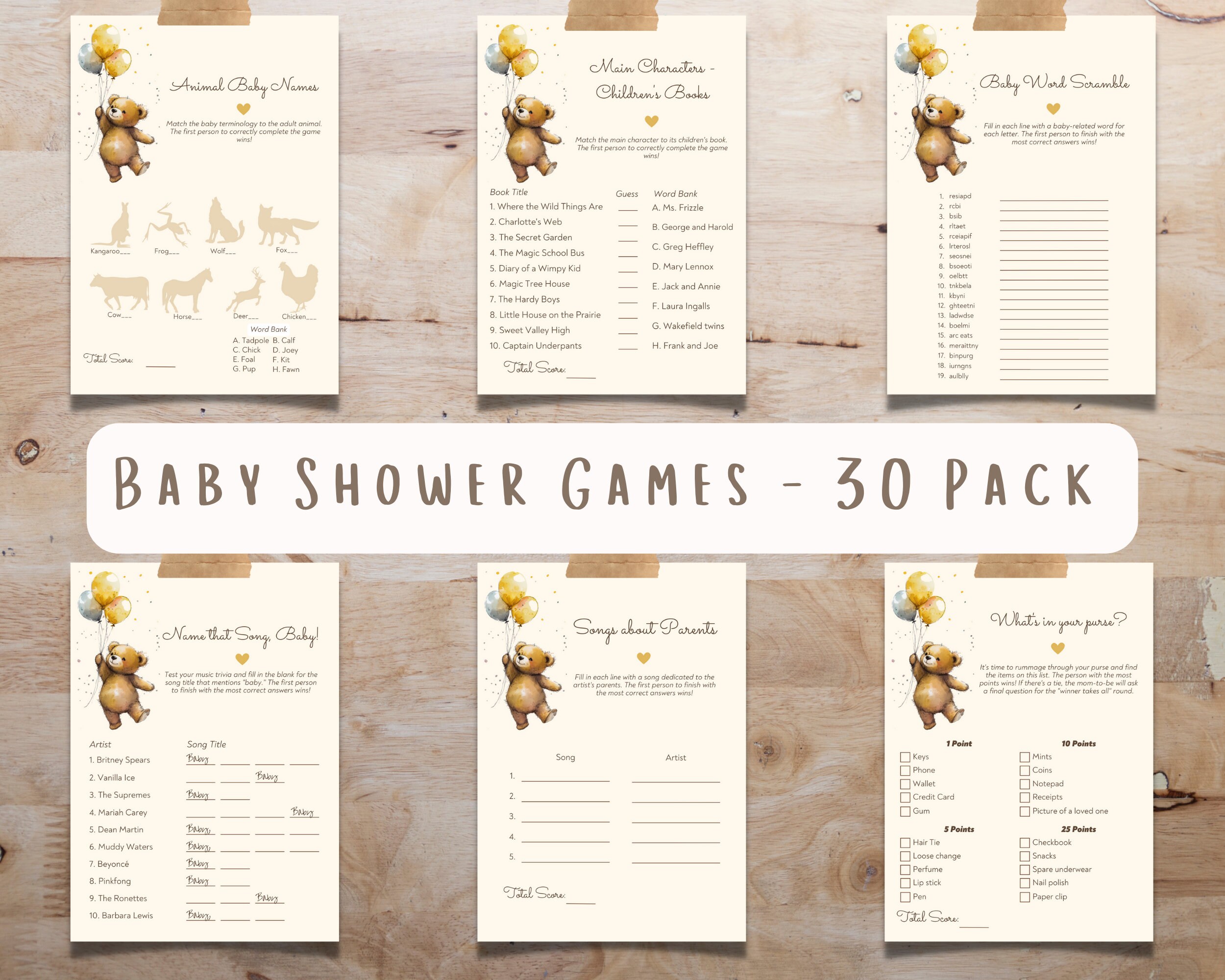 30 Teddy Bear Balloon Baby Shower Games, Party Activities Baby Sprinkle Package, Printable Mama ...