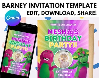 Barney Invitation Purple Dinosaur First Birthday 5X7 Card DIY Canva ...
