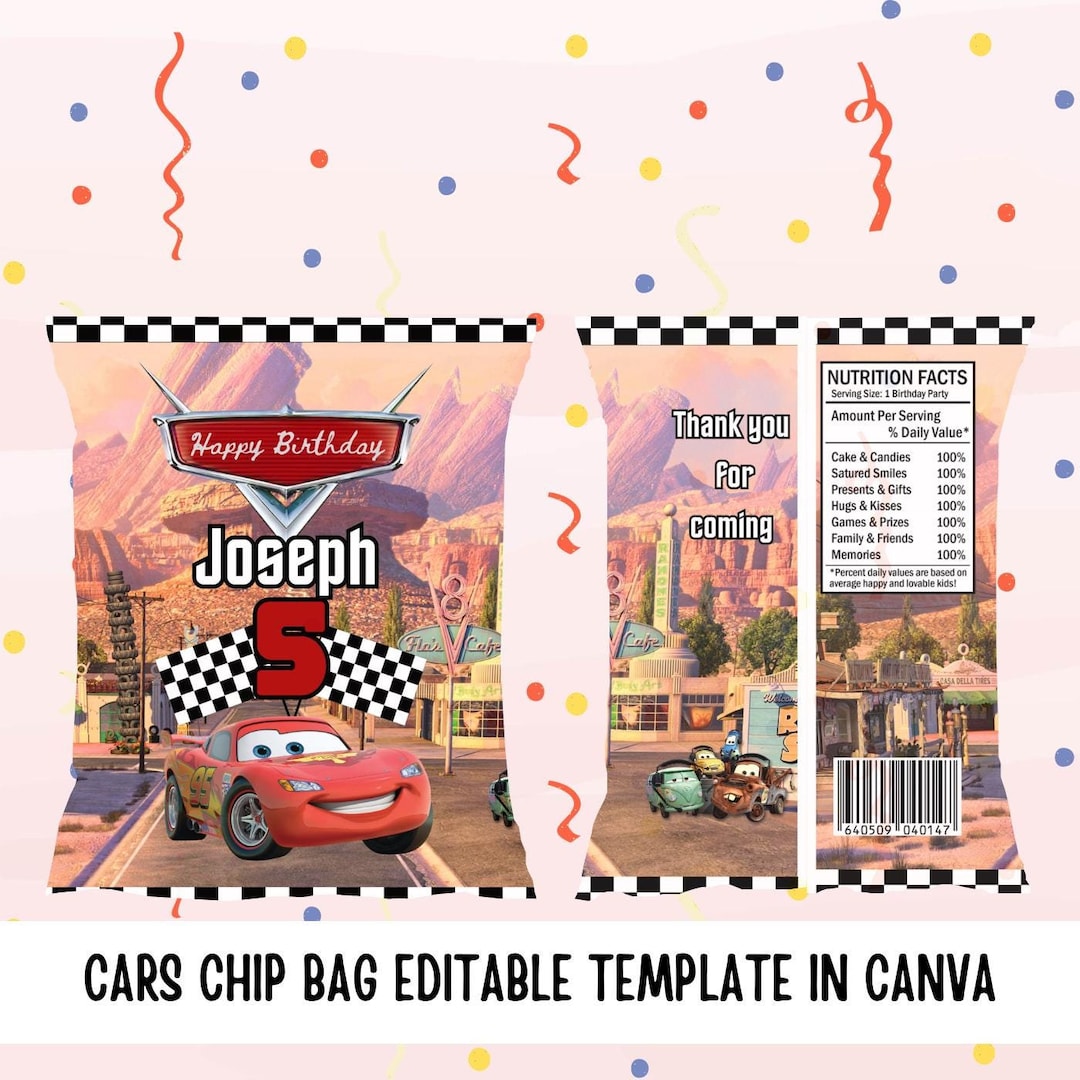 Cars Chip Bag Template | Editable in Canva | DIY | Canva Template Party ...