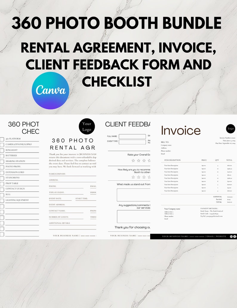 360 Photo Booth Business Bundle | Rental Agreement | Invoice | Canva ...