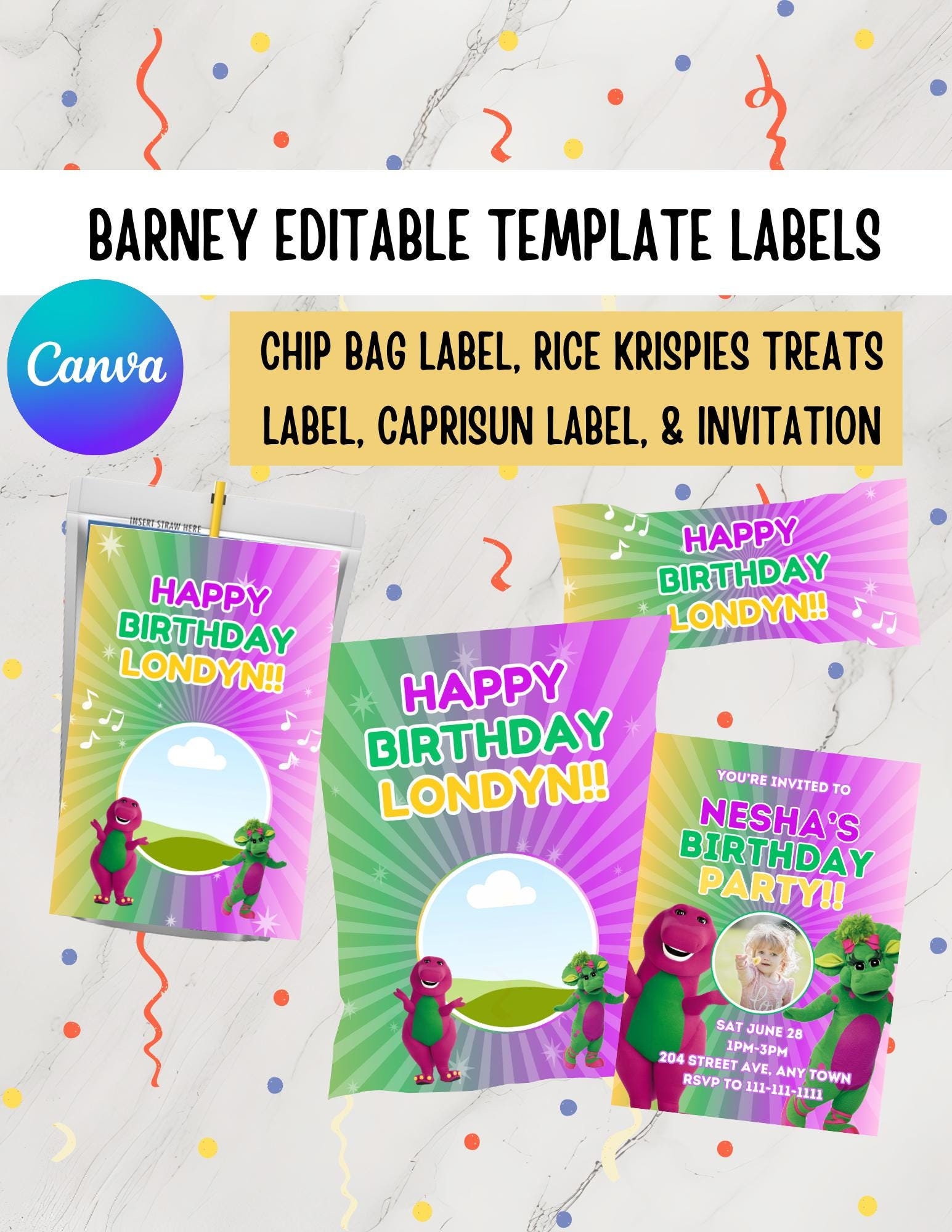 Barney Party Favors With Invitation, Chip Bag, Rice Krispies, Caprisun ...