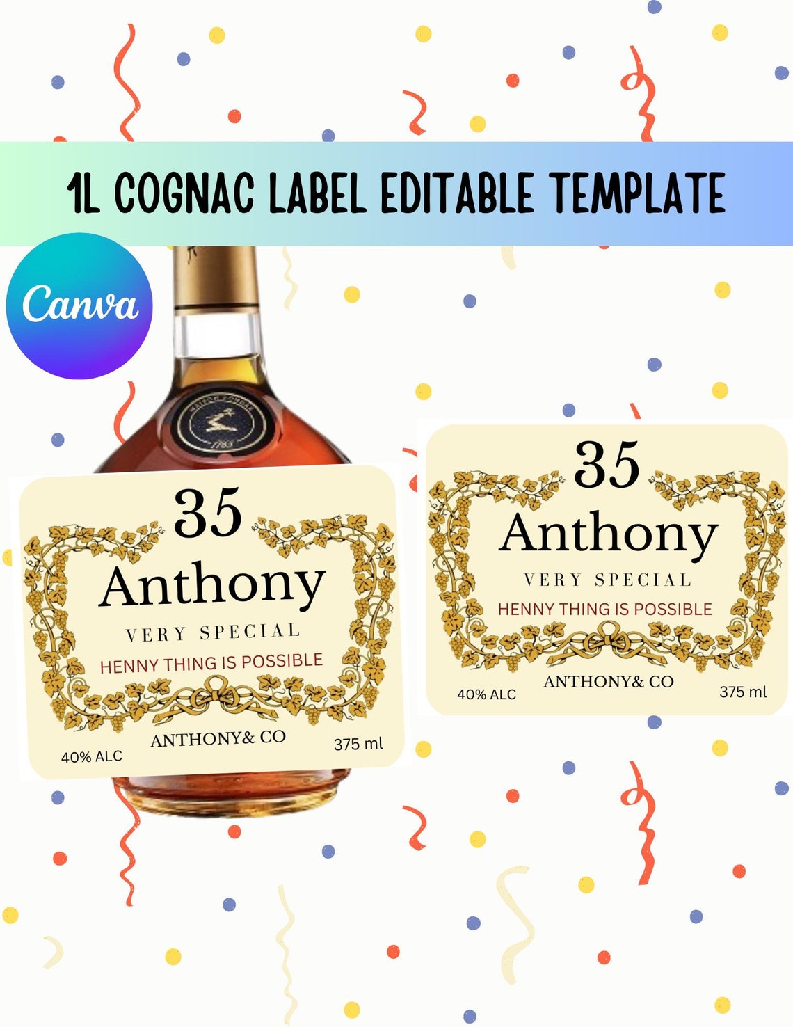1L Cognac Bottle Label | Custom Alcohol Bottle Labels | Canva Editable ...