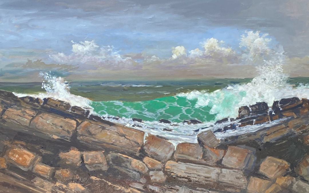 Coastal Ocean Oil Painting Rocks Waves Clouds Sky Canvas Large - Etsy
