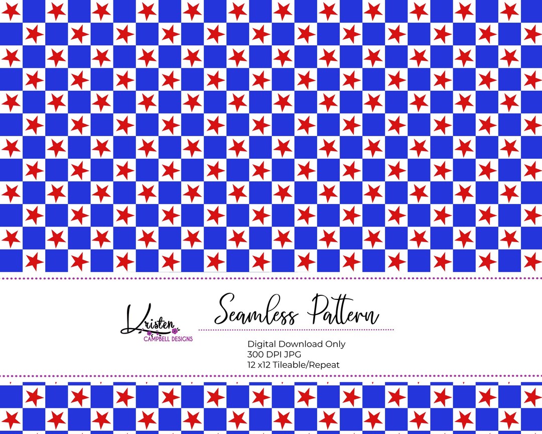 Blue Check Red Star Seamless Pattern, 4th of July, Patriotic Digital ...