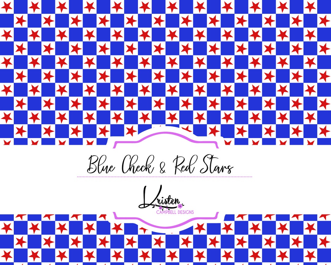 Vibrant Blue Check and Red Star Seamless Pattern, Digital Paper ...
