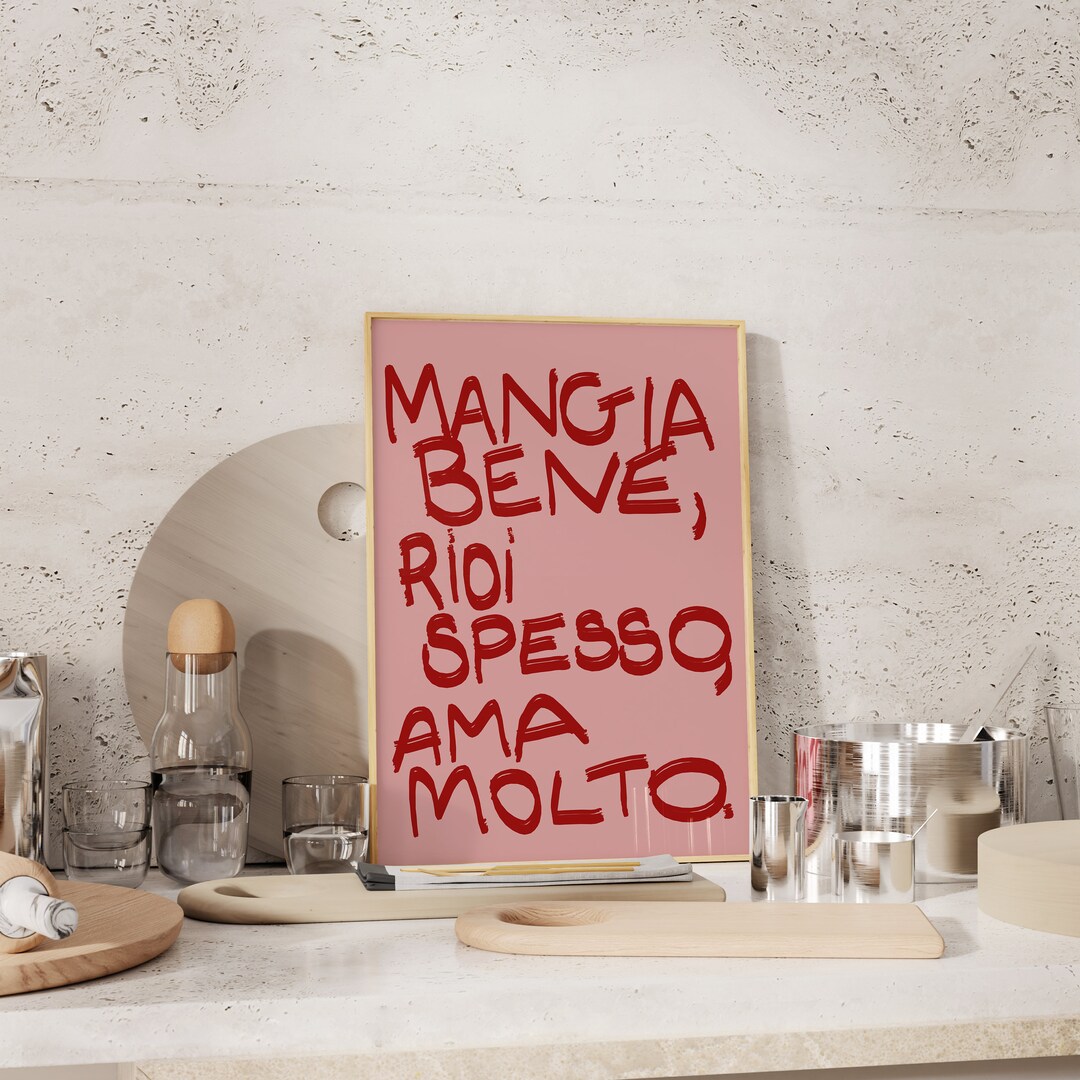 Italian Mangia Bene Wall Art Red Vintage Poster Print Decor, Retro Hand ...