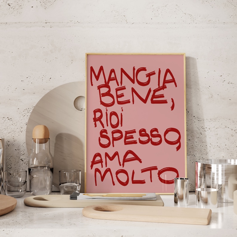 Italian Mangia Bene Wall Art Red Vintage Poster Print Decor, Retro Hand ...