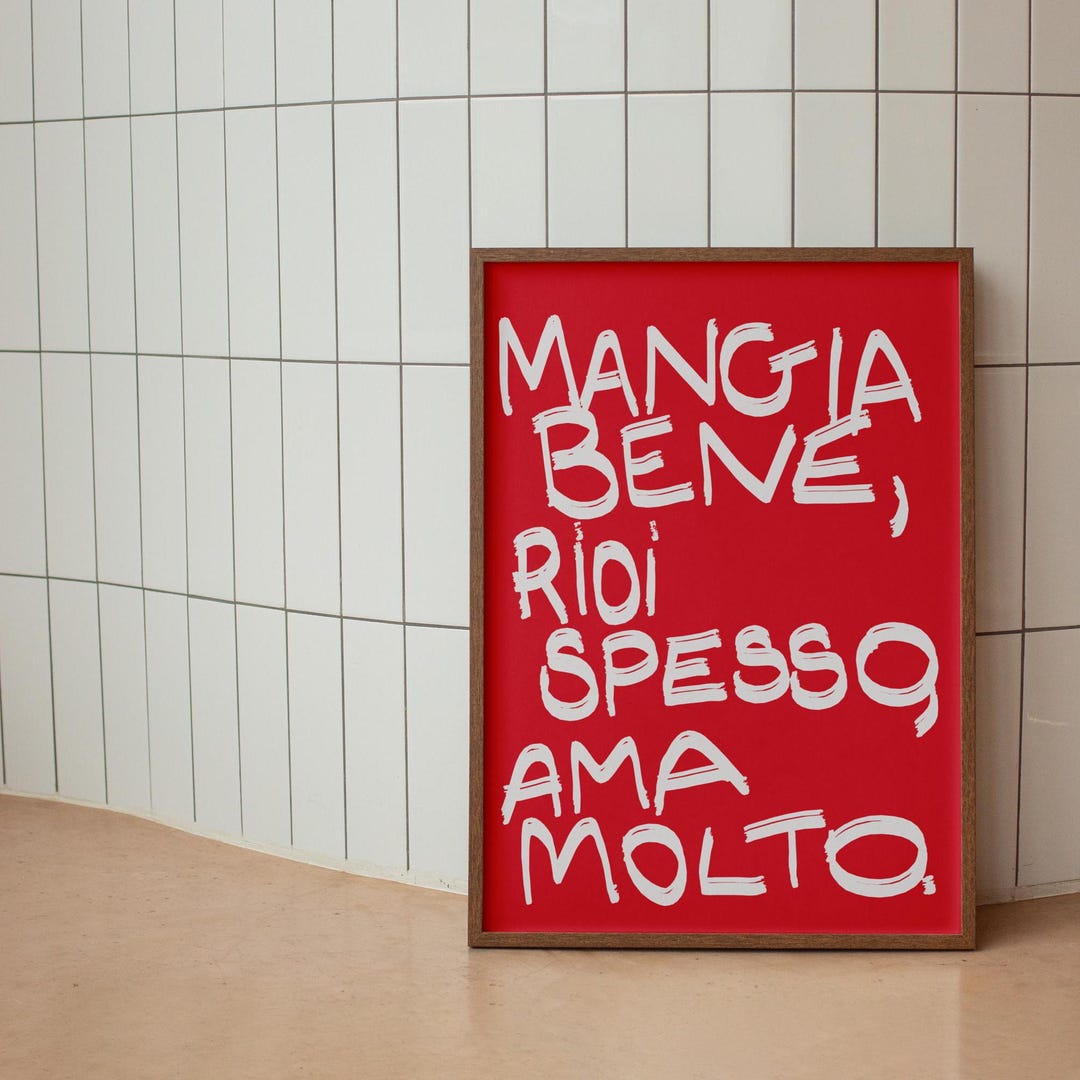 Italian Mangia Bene Wall Art Red Vintage Poster Print Decor, Retro Hand ...
