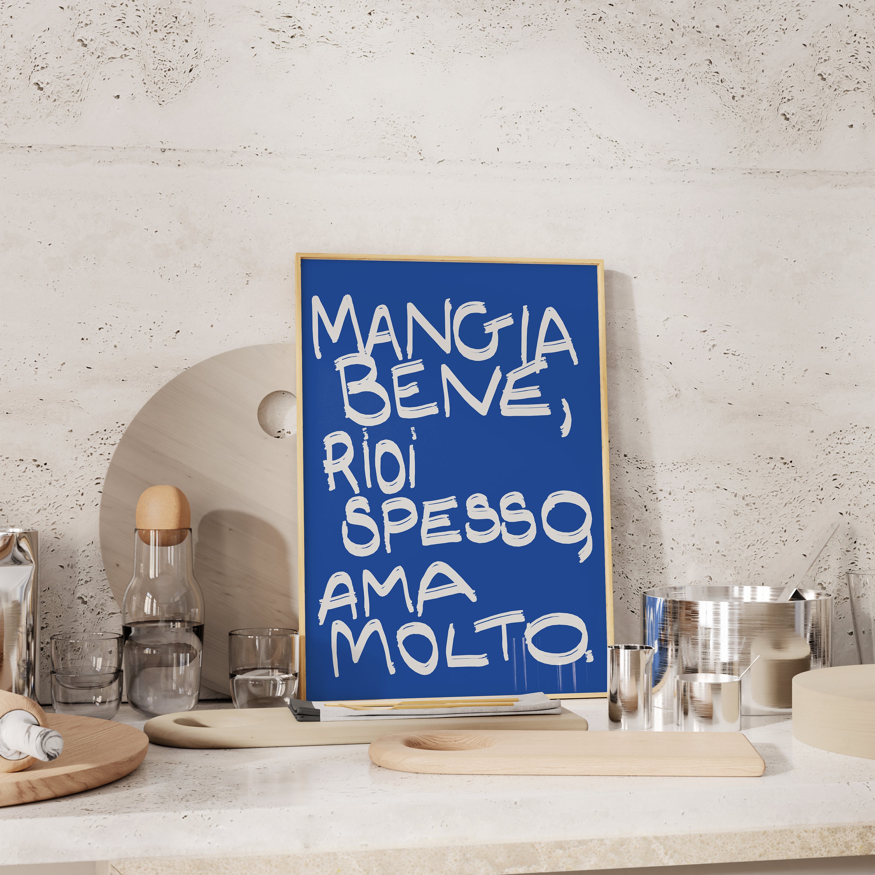 Italian Mangia Bene Wall Art Blue Vintage Poster Print Decor, Retro ...
