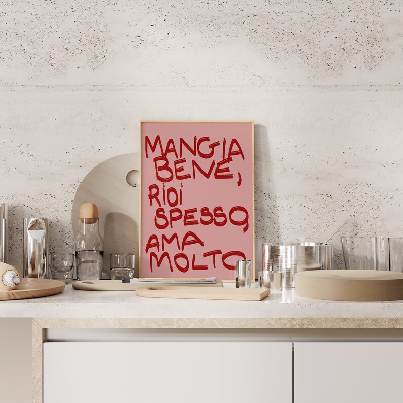 Italian Mangia Bene Wall Art Red Vintage Poster Print Decor, Retro Hand ...