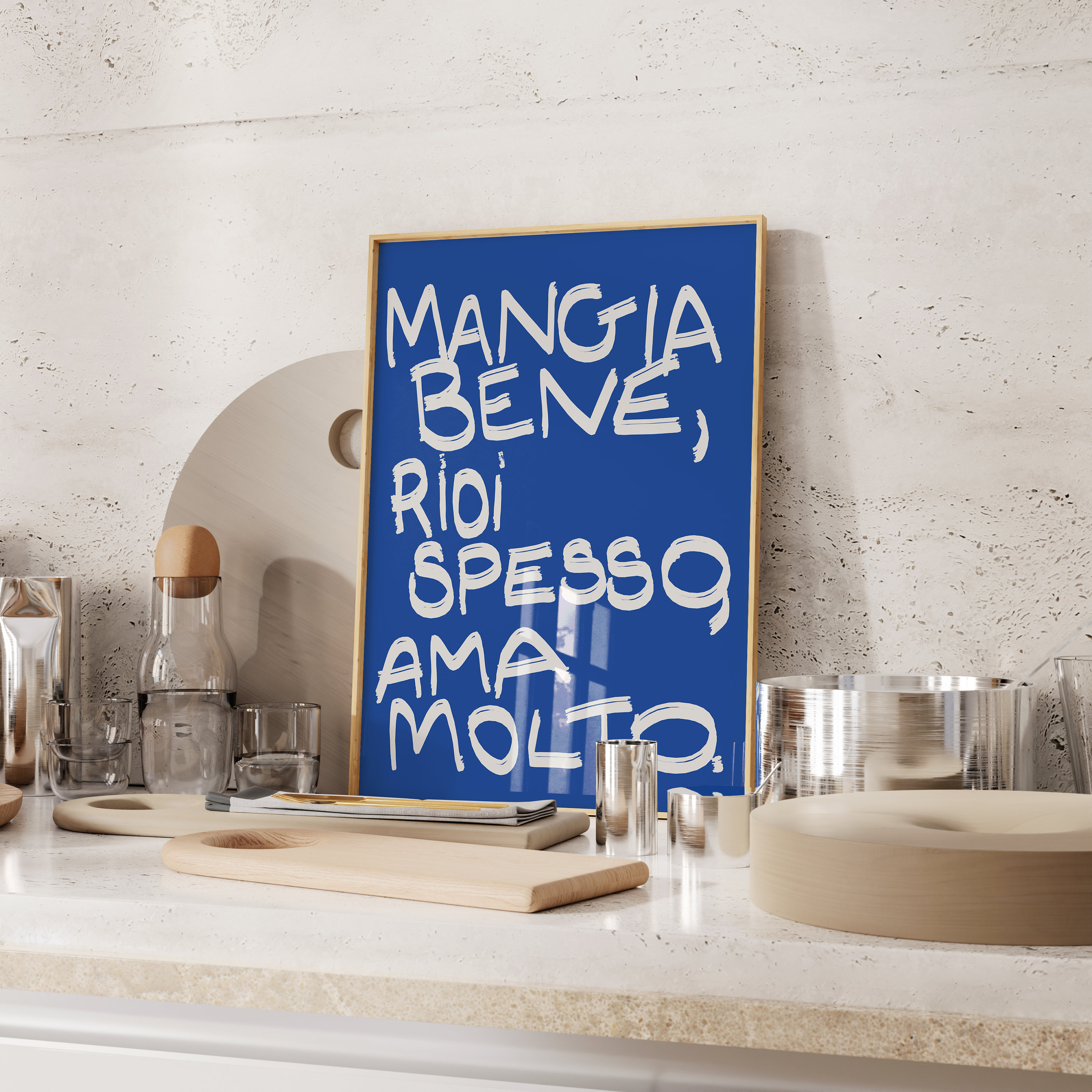 Italian Mangia Bene Wall Art Blue Vintage Poster Print Decor, Retro ...