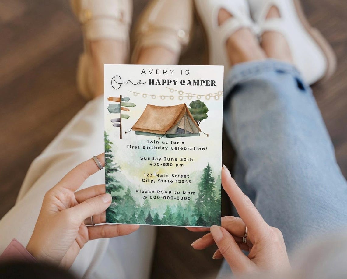 Editable One Happy Camper First Birthday Invitation Template, Wild One Outdoors 1st Birthday ...