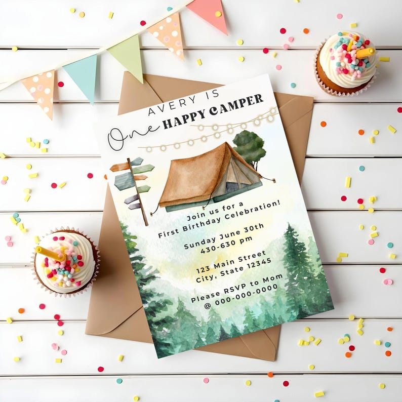 Editable One Happy Camper First Birthday Invitation Template, Wild One Outdoors 1st Birthday ...