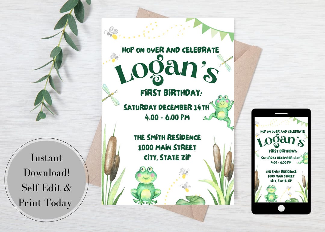 Editable Frog Kids Birthday Invitation, ANY AGE Hop on Over Printable ...