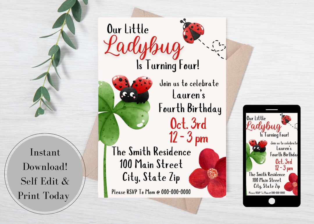 Editable Ladybug Birthday Invitation Template, ANY AGE Personalize ...