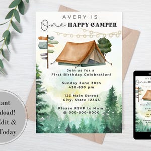 Editable One Happy Camper First Birthday Invitation Template, Wild One Outdoors 1st Birthday ...