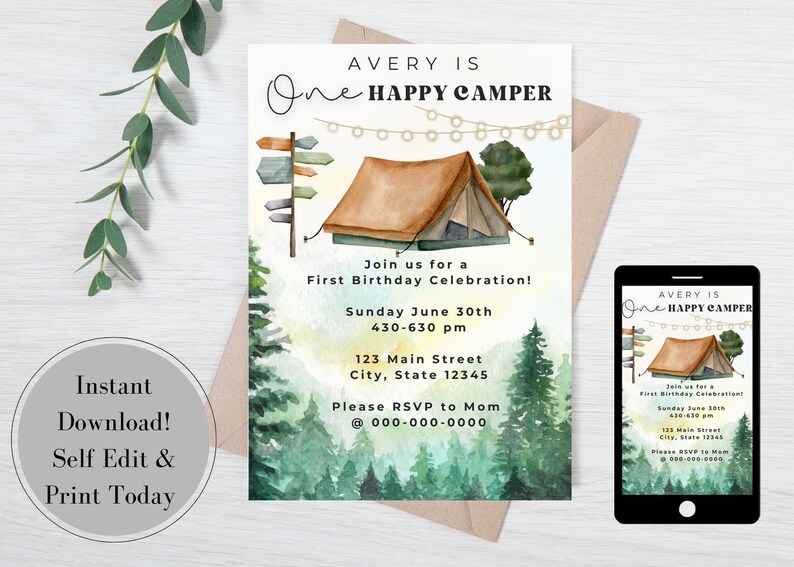 Editable One Happy Camper First Birthday Invitation Template, Wild One Outdoors 1st Birthday ...