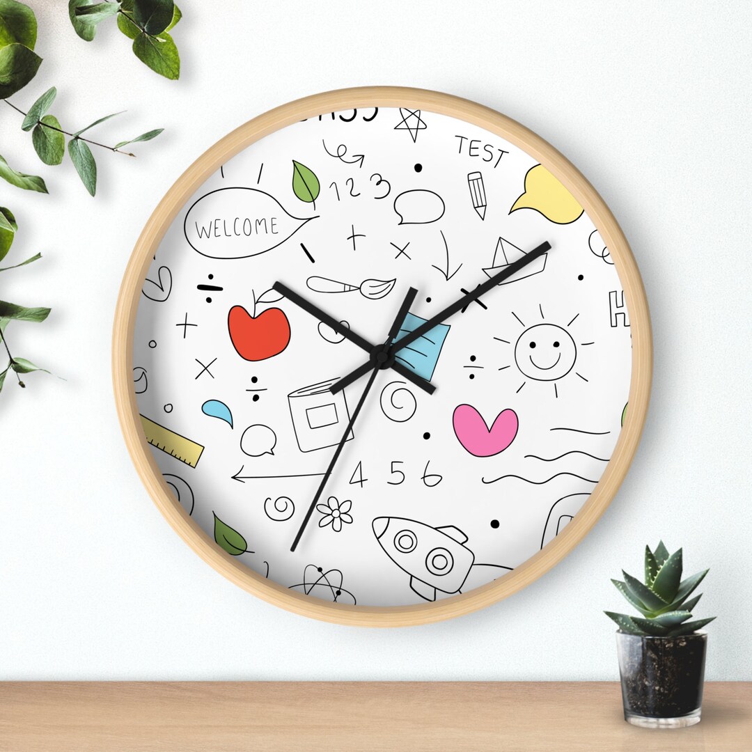 School Doodle Wall Clock, Classroom Wall Clock, Teacher Gift, Silent ...