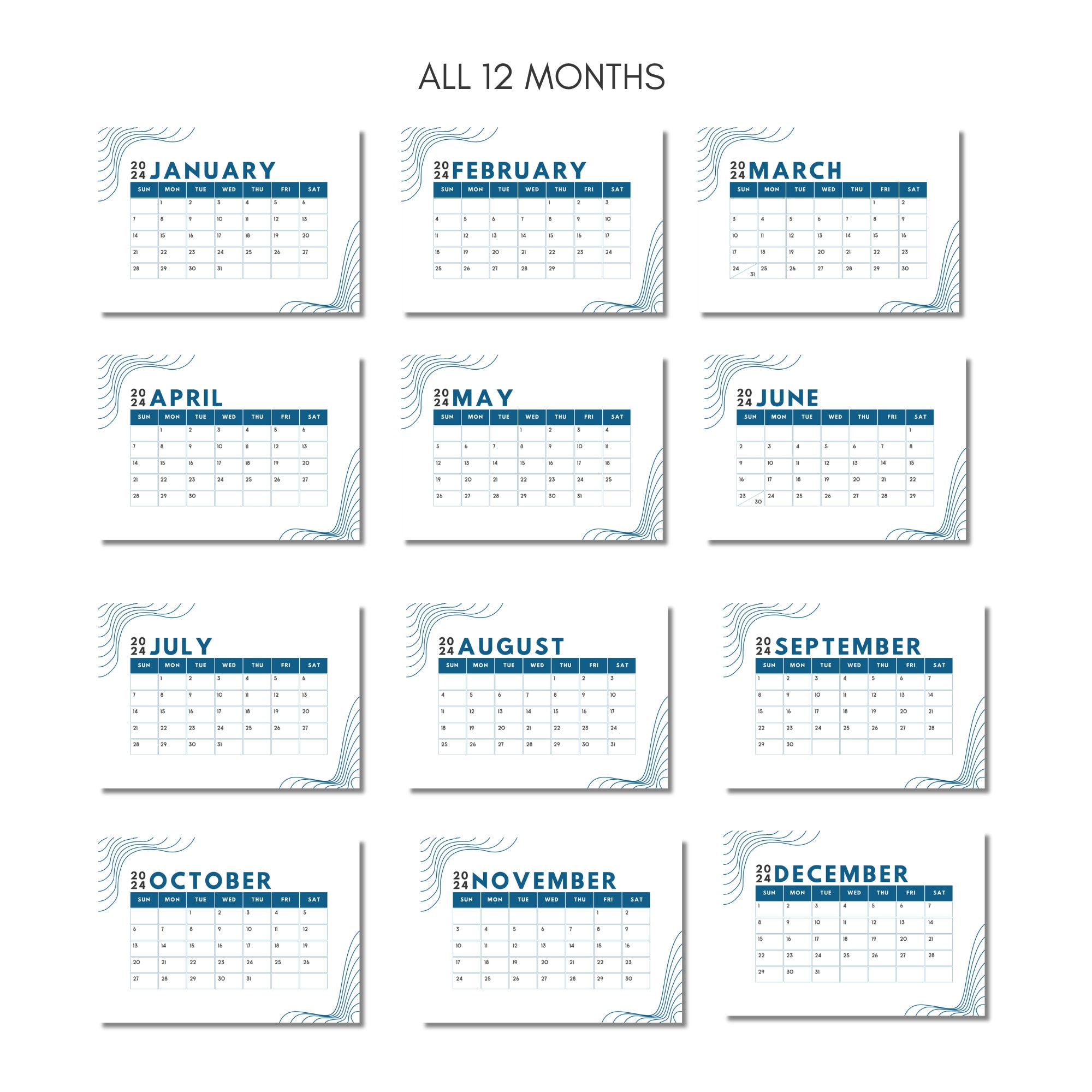 2024 Printable Blue Calendar Minamalist Calendars Planners - Etsy