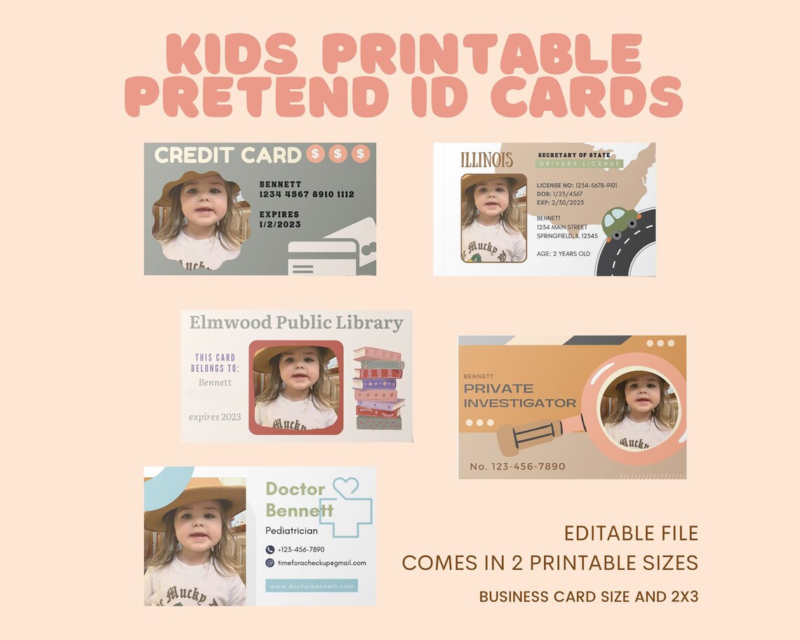Kids Pretend Printable ID Cards, Imaginative Play, Editable Kids Files ...