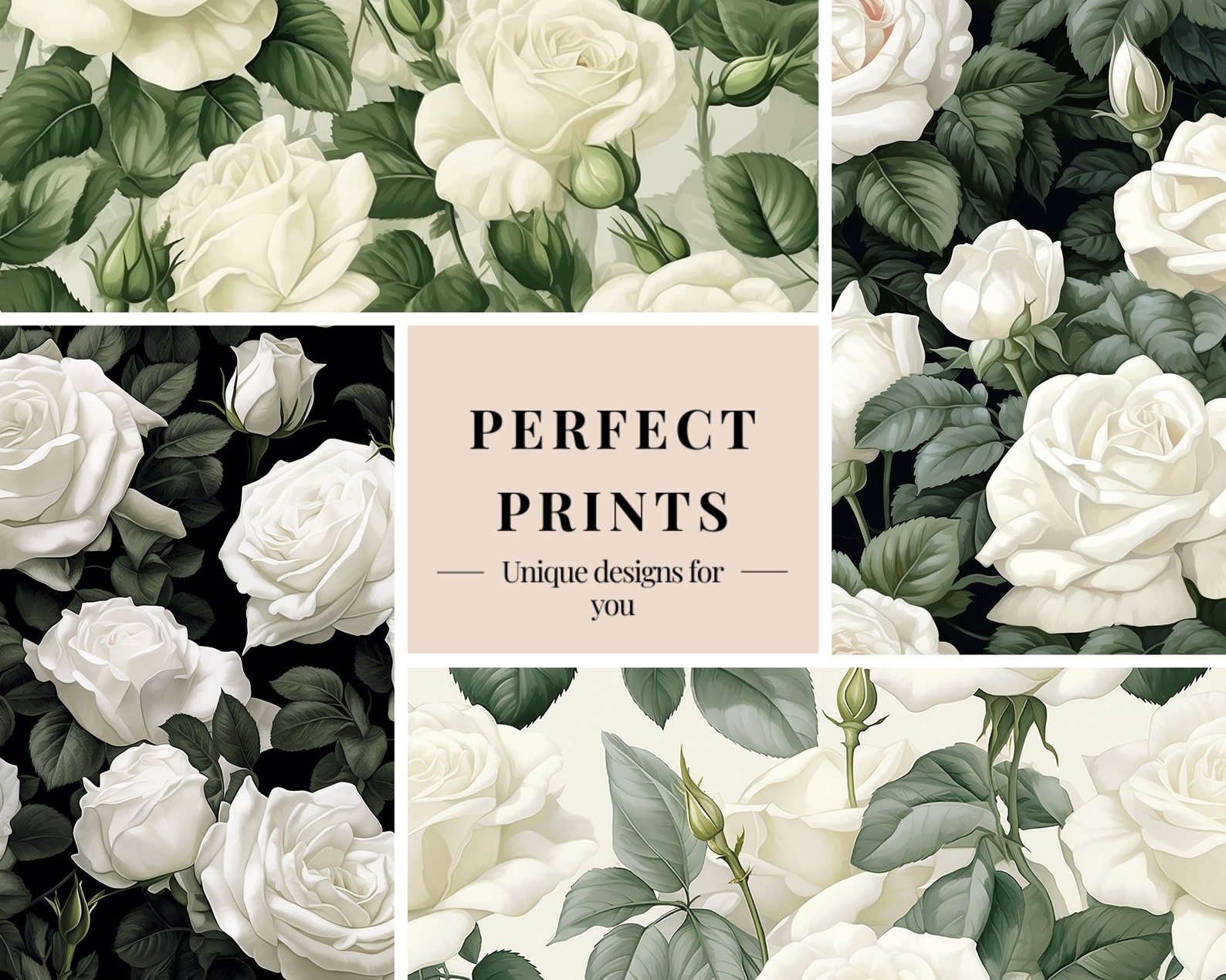 White Roses Seamless Print, Floral Paper Print Elegant, Instant Digital ...