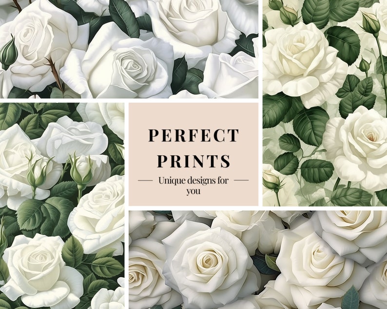 White Roses Seamless Print, Floral Paper Print Elegant, Instant Digital ...