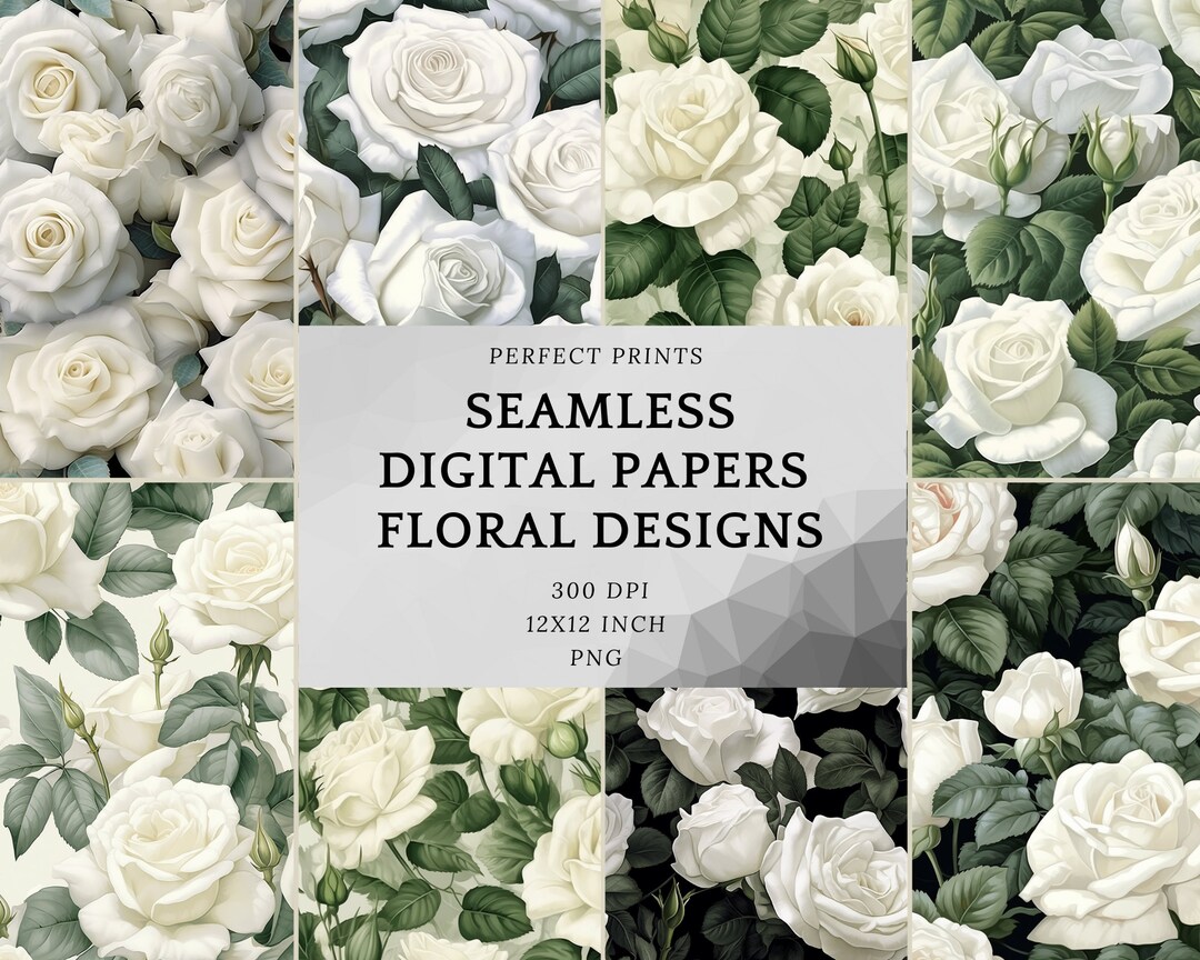 White Roses Seamless Print, Floral Paper Print Elegant, Instant Digital ...