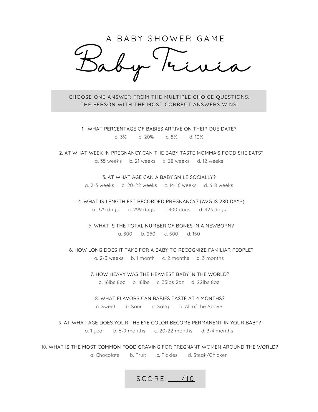 Minimalist Baby Trivia - Baby Shower Edition Digital Download - Etsy