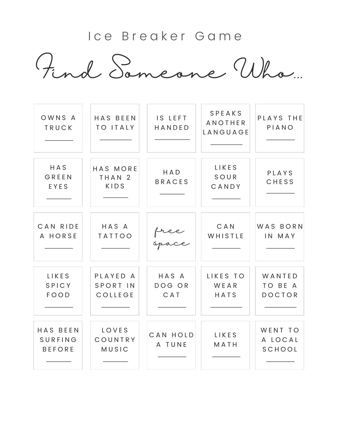 Bingo Ice Breaker Game - Find Someone Who Edition Digital Download - Etsy Bingo Ice Breaker Game - Find Someone Who Edition Digital Download - Etsy