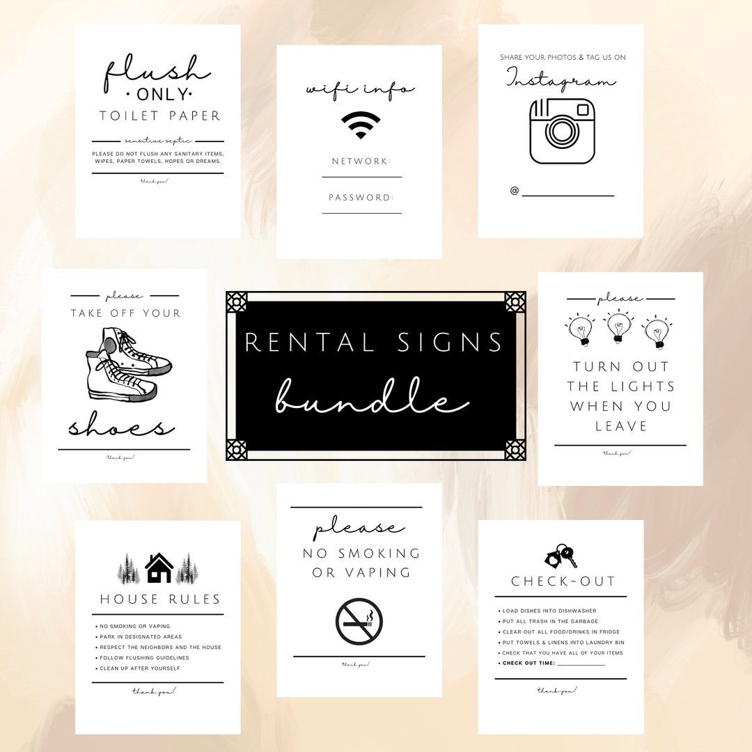 Short or Long Term Rental Signs - 8 Sheets - Cursive Theme With Write ...