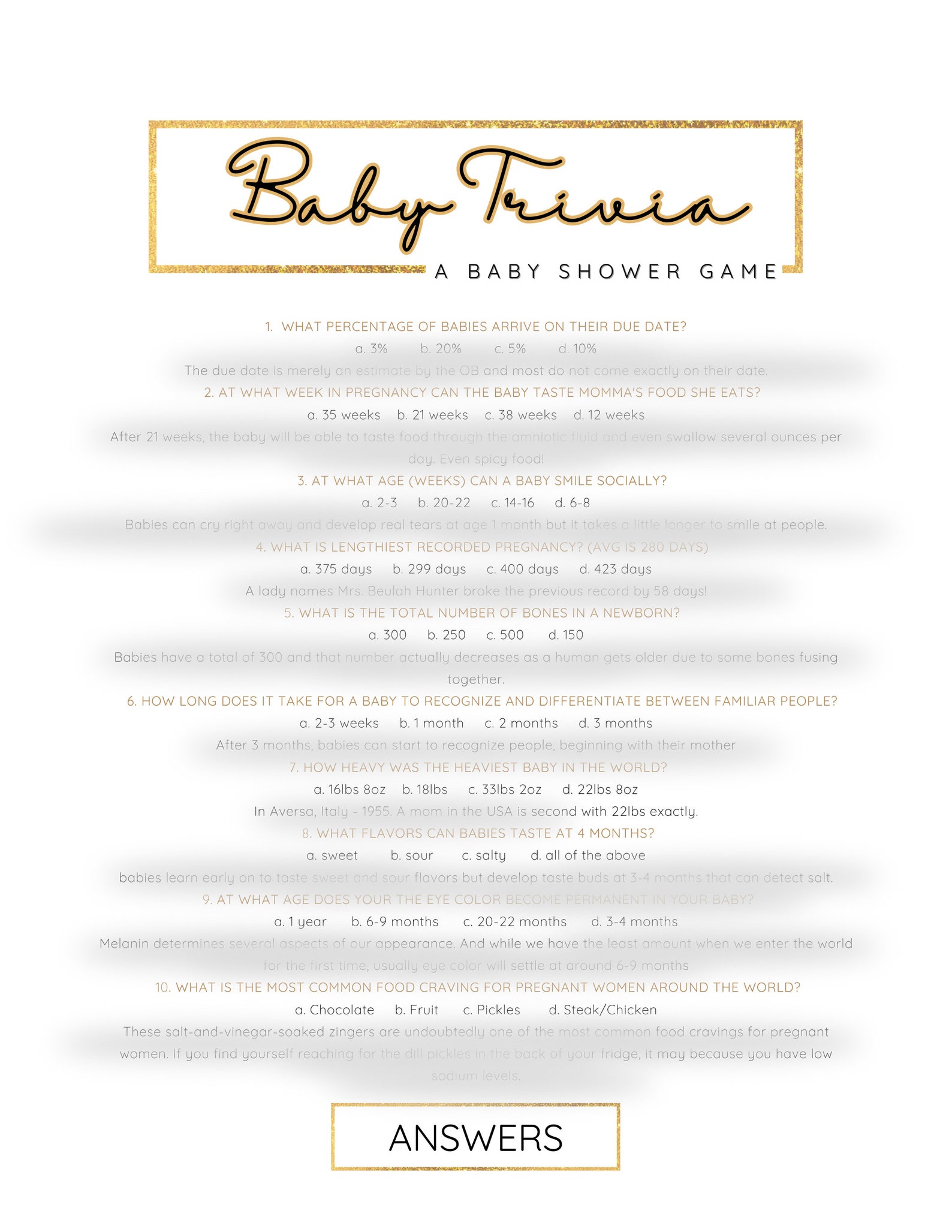 Minimalist Gold Baby Trivia - Baby Shower Edition Digital Download - Etsy