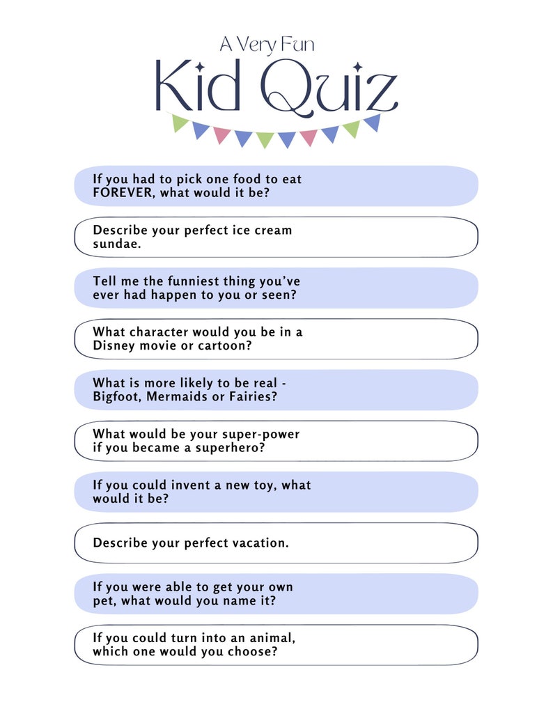 A Very Fun Kid Quiz - DIGITAL DOWNLOAD (color or B&W) - Etsy