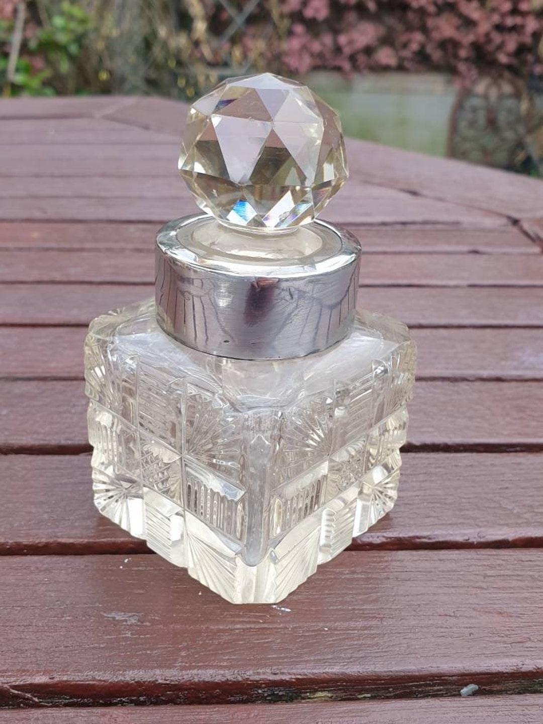 Grand Heavy Square Solid Silver and Cut Crystal Glass Cologne / Scent ...