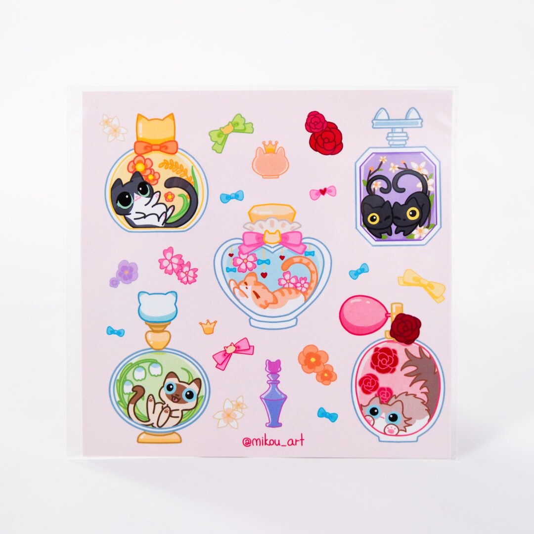 Sticker Sheet | Whimsical Perfume Cat Collage | 5.5x5.5 Inch ...