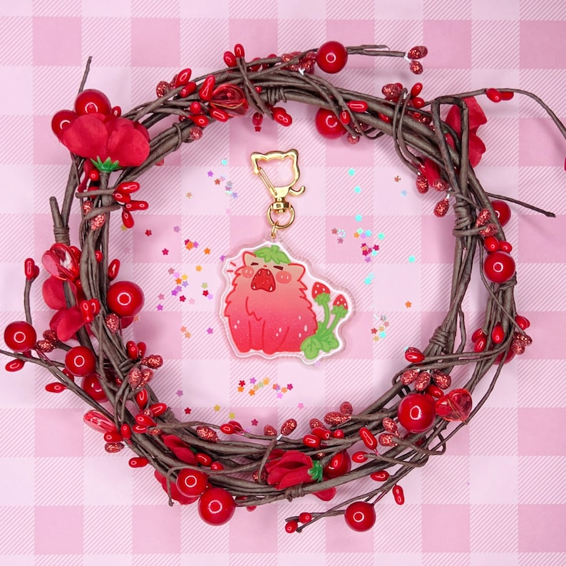 Strawberry Cat Acrylic Keychain: Yawning Glitter Charm, Mikou Art - Etsy