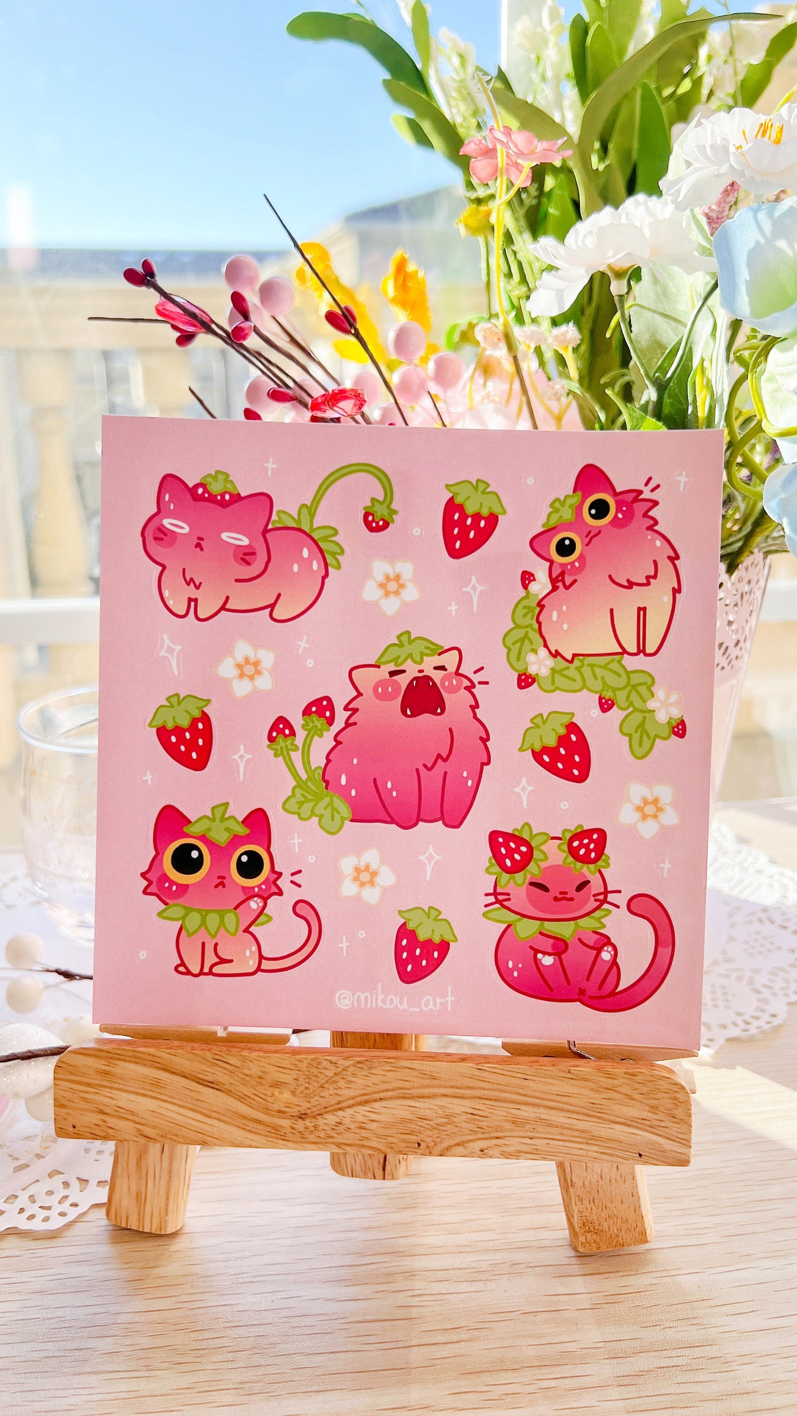 Sticker Sheet Whimsical Strawberry Cat Collage 5.5x5.5 Inch Waterproof ...