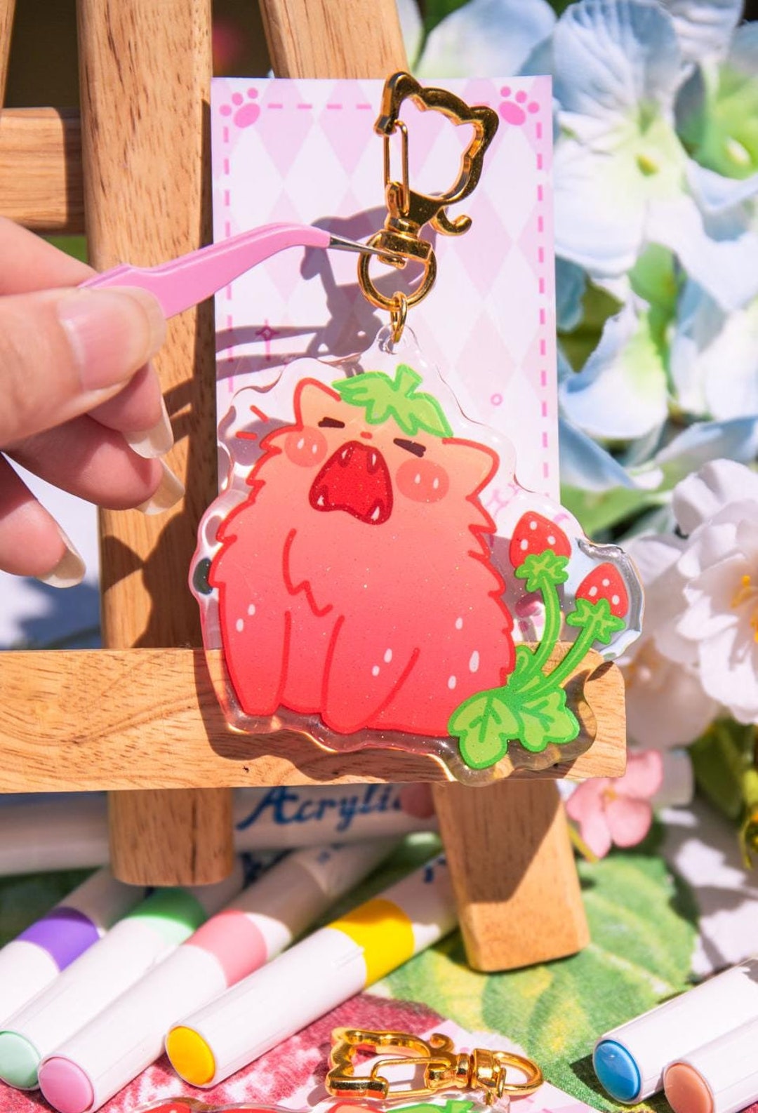 Cute Yawning Strawberry Cat Epoxy Acrylic Keychain/charm | Mikou ...