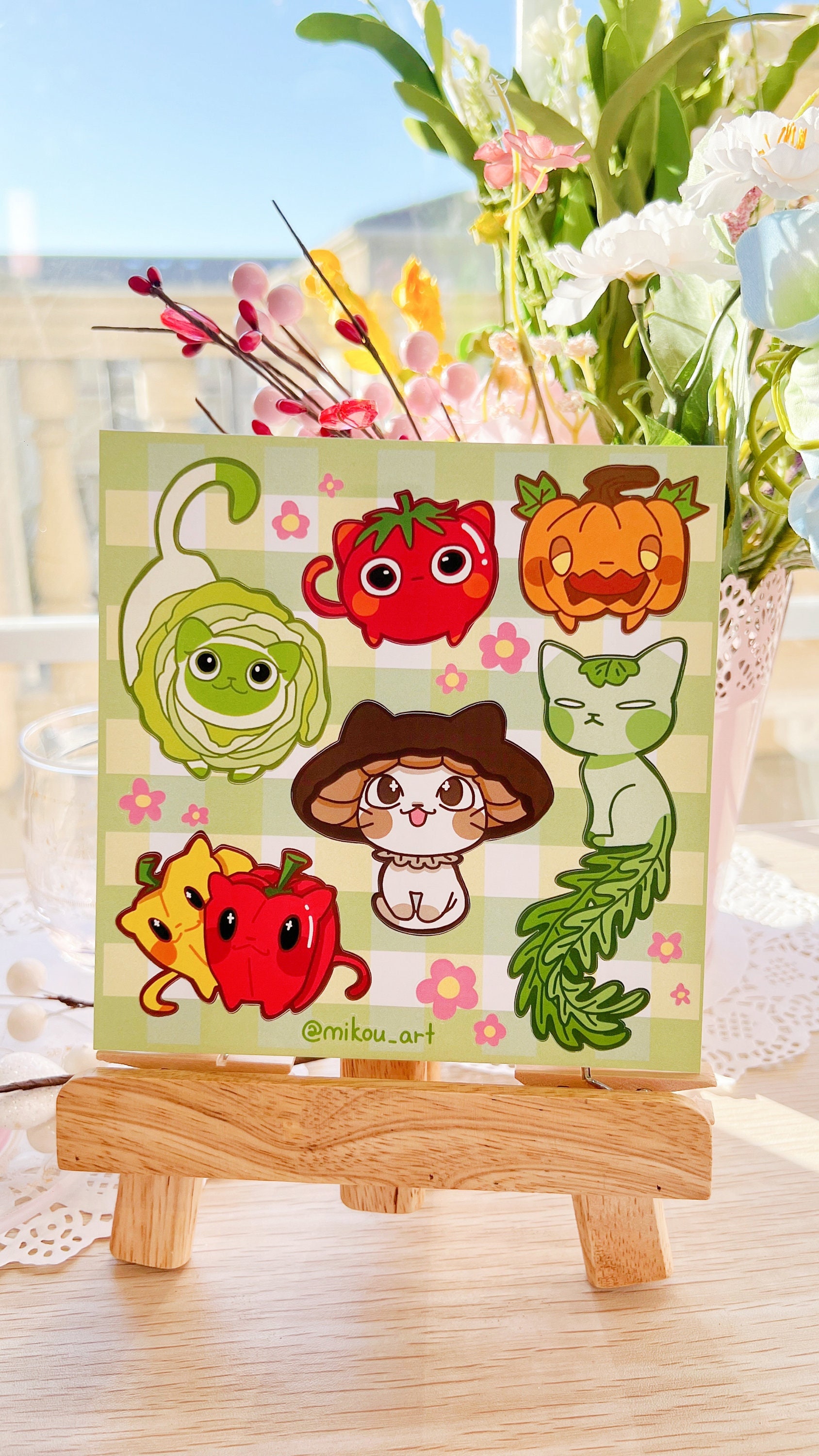Sticker Sheet Whimsical Vegetable Cat Collage 5.5x5.5 Inch Waterproof ...