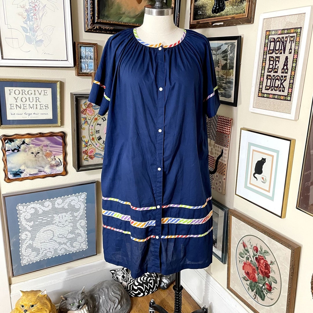 70s Vintage Smart Time Dark Blue Snap Front House Coat With Rainbow ...