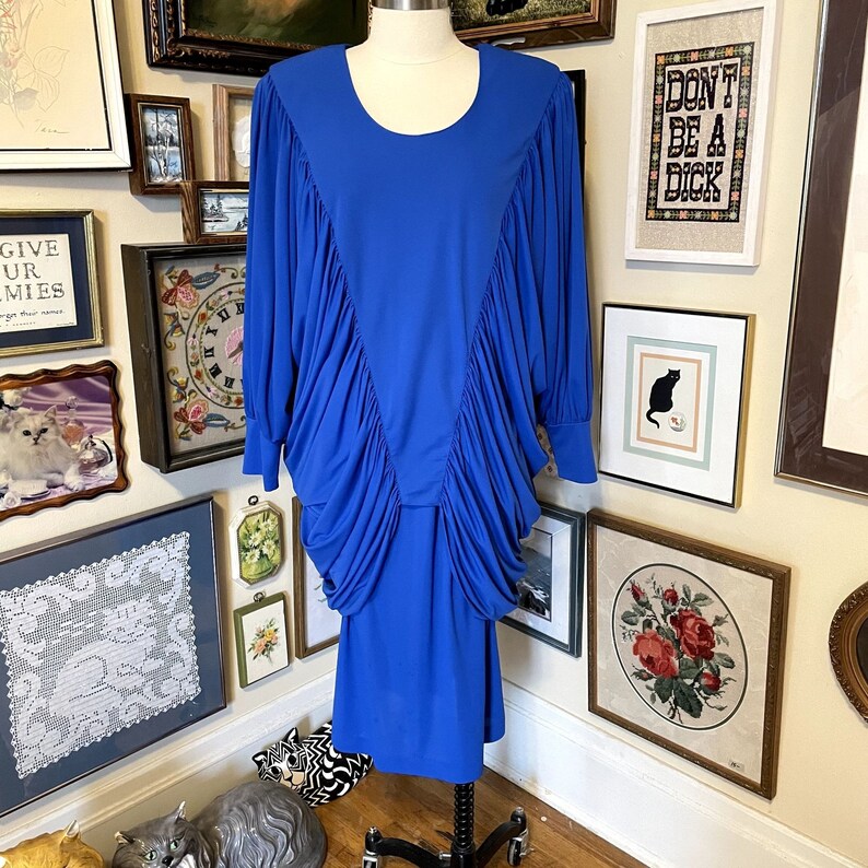 80s Vintage Vikki Vi Royal Blue Gathered Long Sleeve Cocoon Top and ...