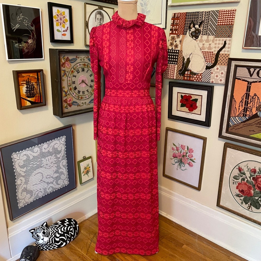 70s Vintage Joy Stevens Burgundy Lace Maxi Dress With Mutton Chop ...
