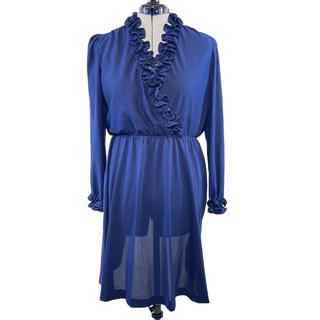 70s Vintage Lady Carol Navy Blue Crepe Dress With Ruffle Cuff and ...