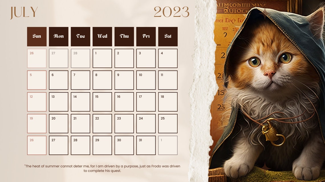 Hobbit Cat Calendar 2023 Printable Landscape Letter Size Monthly ...
