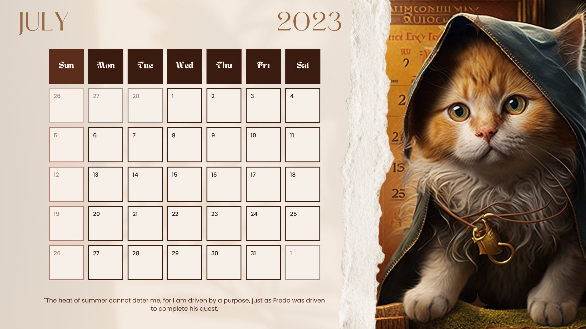 Hobbit Cat Calendar 2023 Printable Landscape Letter Size Monthly ...