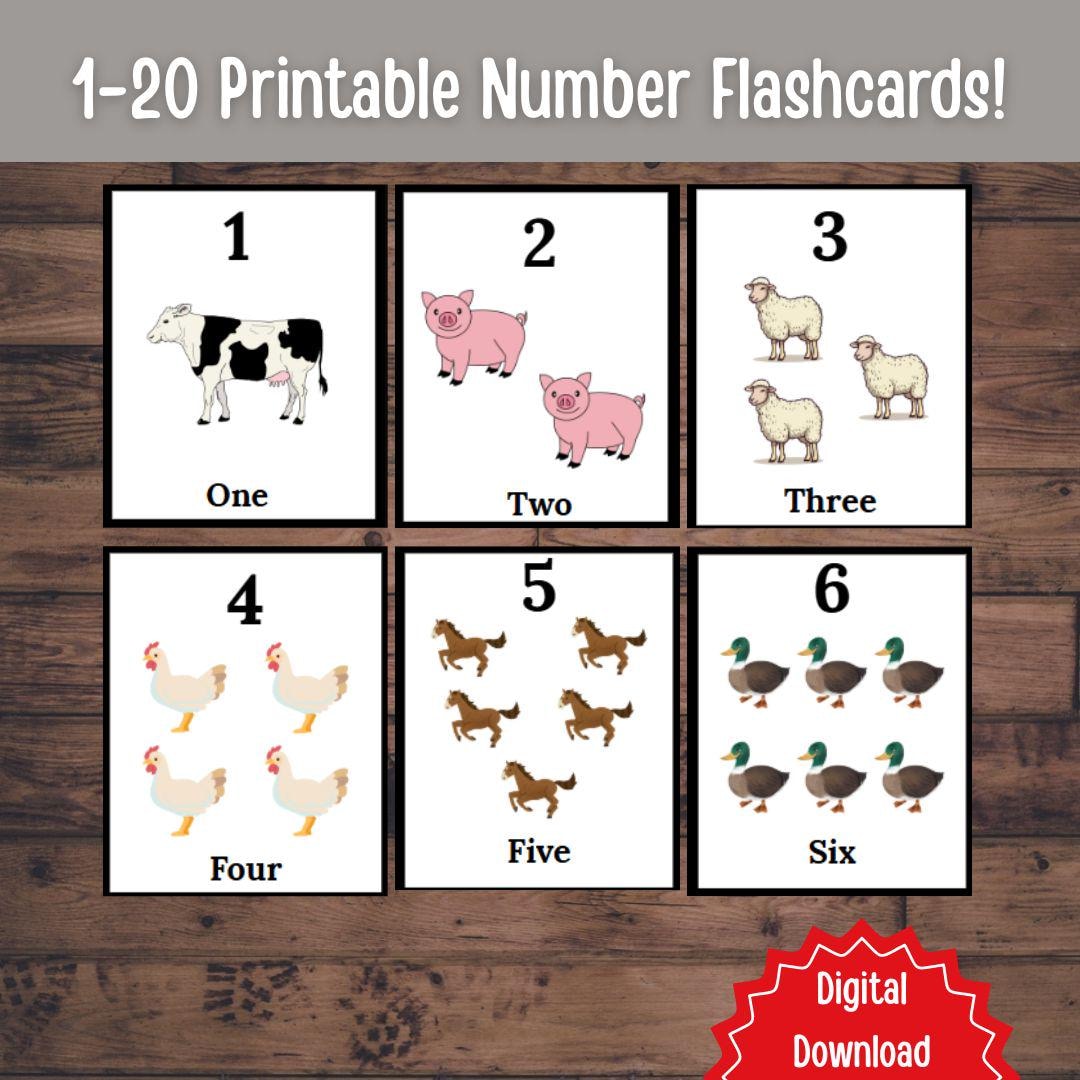 Printable Number Flashcards 1-20 for Kids, Farm Animal Theme ...