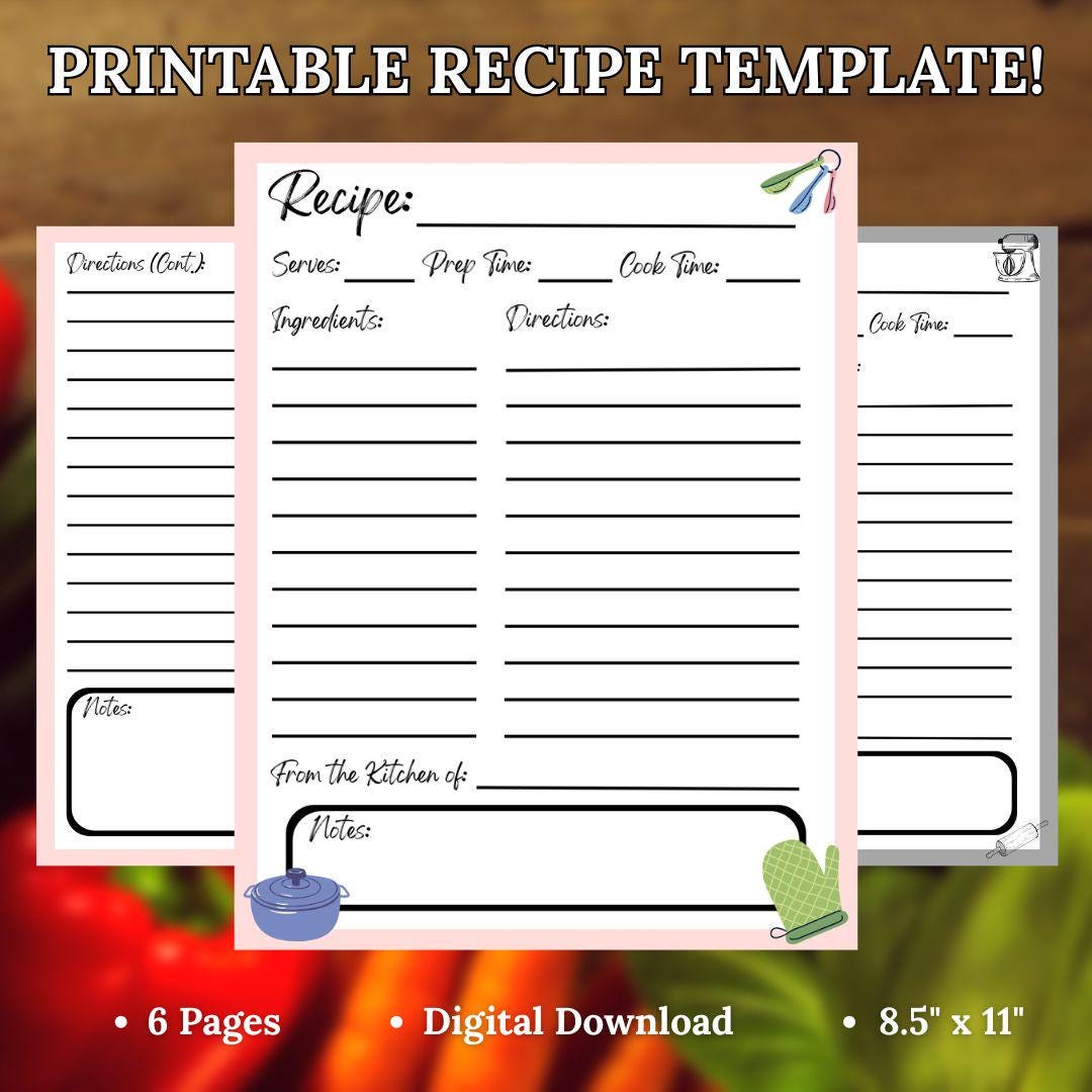 Printable Recipe Template, Kitchen Binder Insert (digital Download) - Etsy