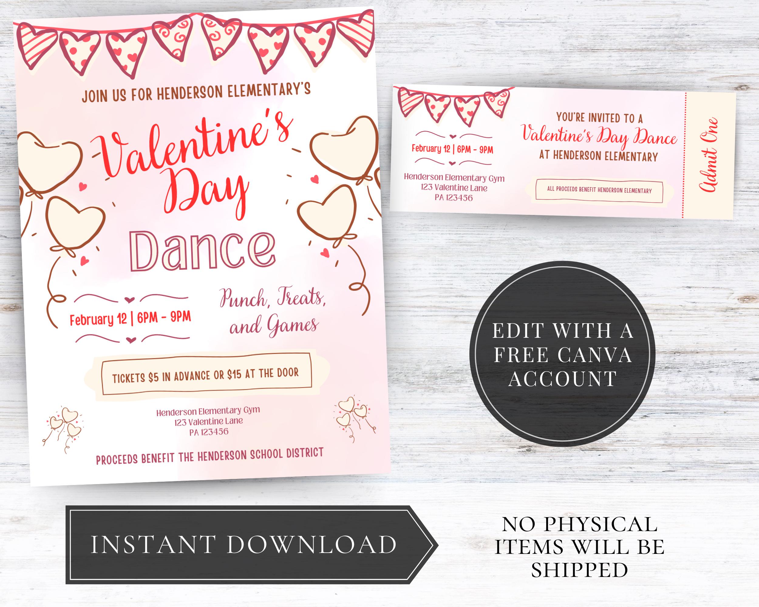 Valentine’s Day Flyer for School Dance, PTA PTO Fundraiser Flyer ...