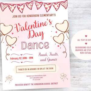 Valentine’s Day Flyer for School Dance, PTA PTO Fundraiser Flyer ...
