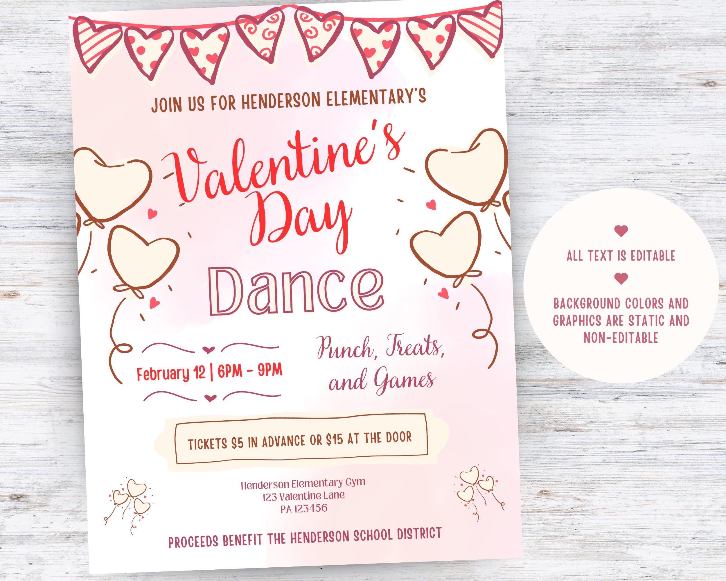 Valentine’s Day Flyer for School Dance, PTA PTO Fundraiser Flyer ...
